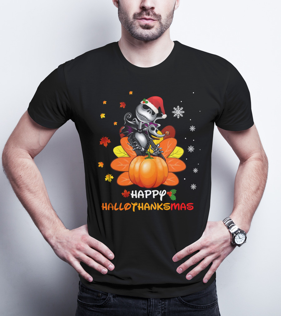 Happy Hallothanksmas Jack Pumpkin Santa Snowflakes T-Shirt