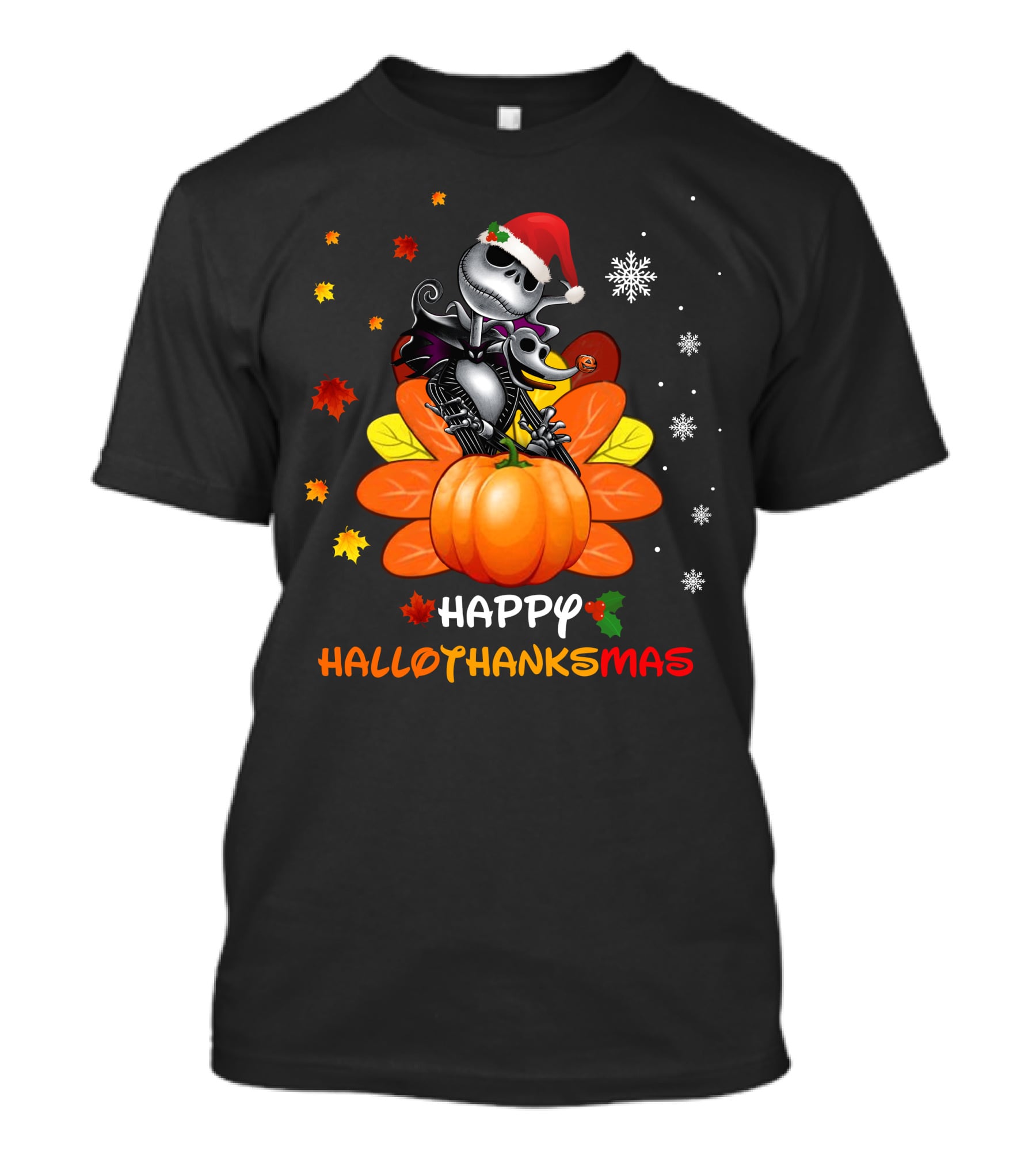 Happy HalloThanksMas Pumpkin Jack In Santa Hat With Snowflakes And Autumn Leaves T-Shirt