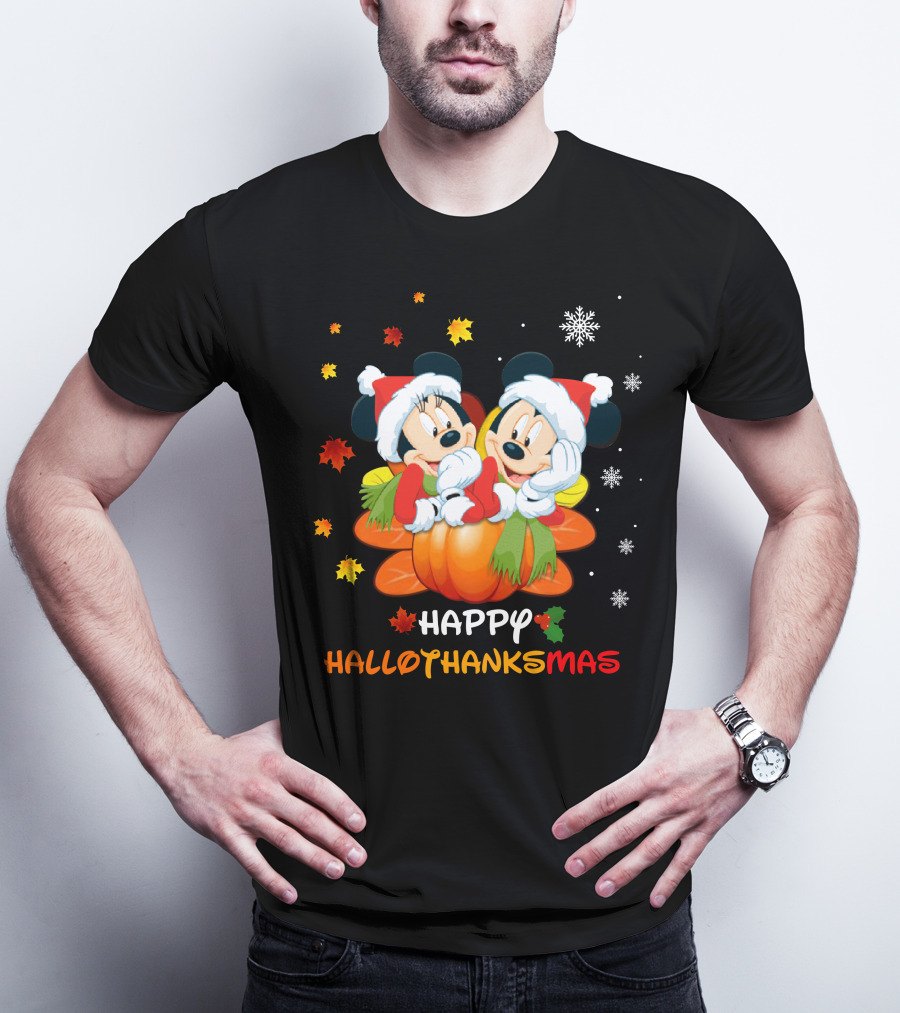 Mickey Happy HalloThanksMas Pumpkin Leaves Snowflakes T-Shirt