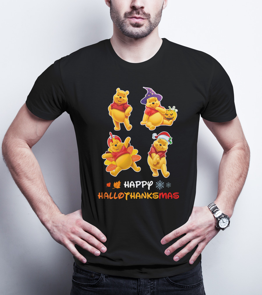 Happy Halloween Thanksgiving Christmas Pooh многопраздничная радость T-Shirt