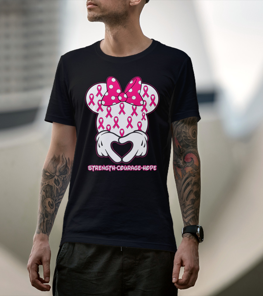 Strength Courage Hope Pink Ribbon Minnie Ears Hands Heart T-Shirt