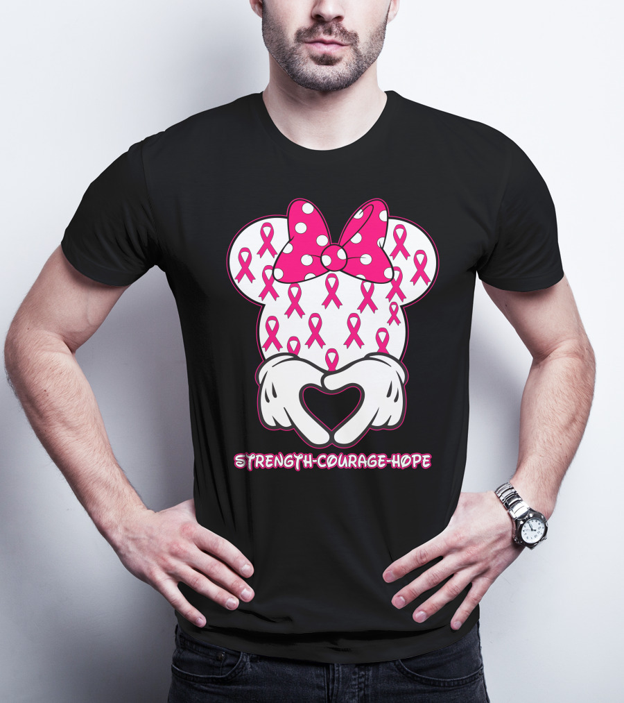Strength Courage Hope Pink Ribbon Minnie Ears Hands Heart T-Shirt
