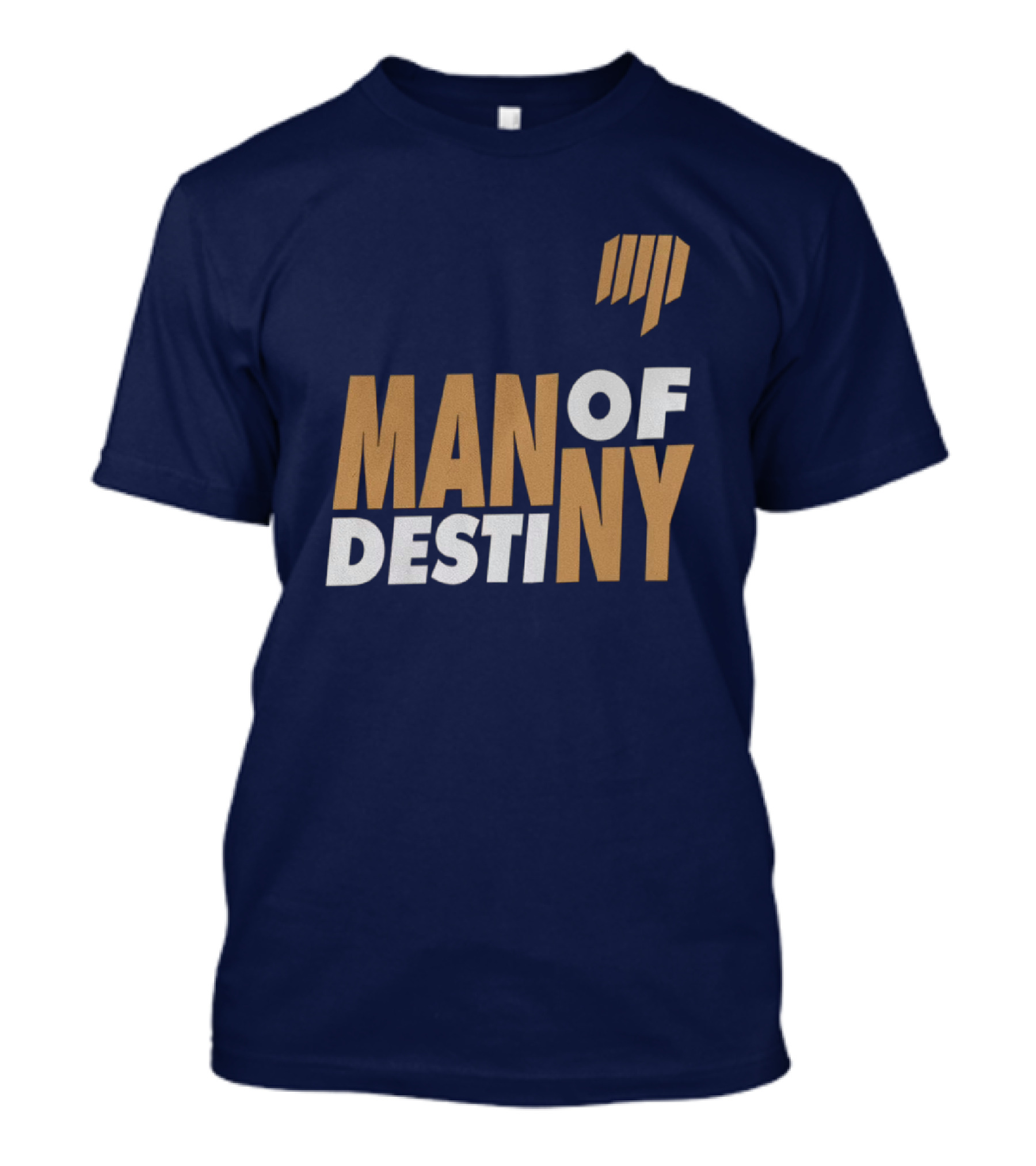 Man Of Destiny Blue And Gold Text With Vertical Stripe T-Shirt
