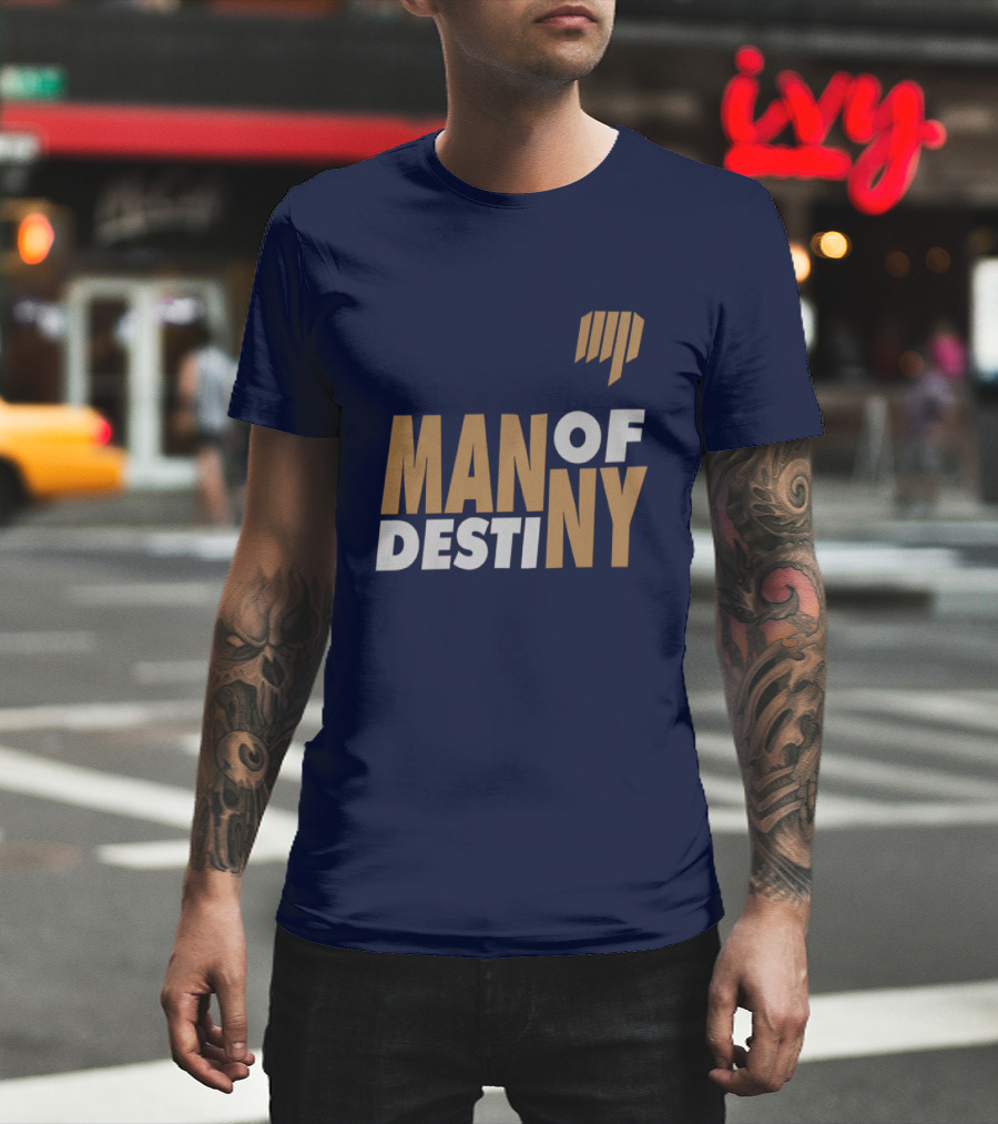 Man Of Destiny Blue And Gold Text With Vertical Stripe T-Shirt