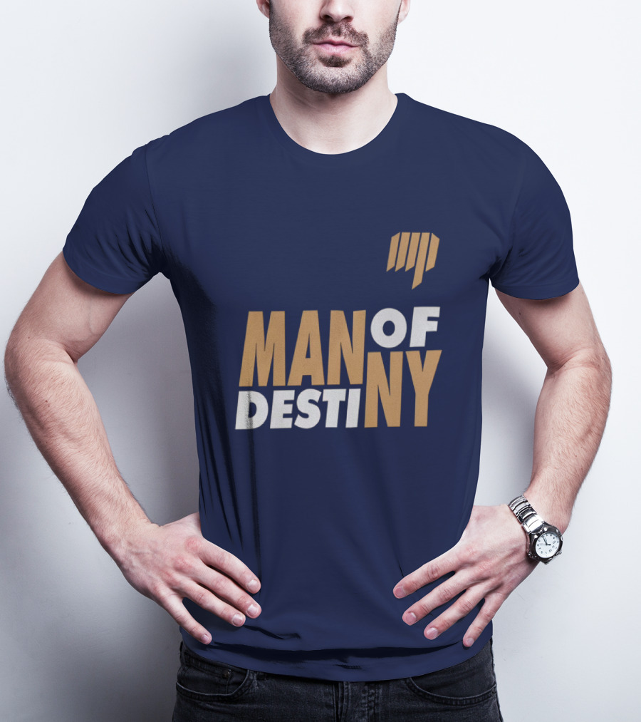 Man Of Destiny Blue And Gold Text With Vertical Stripe T-Shirt