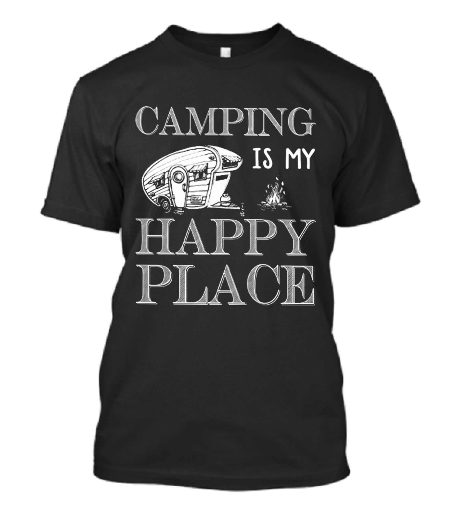Camping Is My Happy Place With RV And Campfire Scene T-Shirt