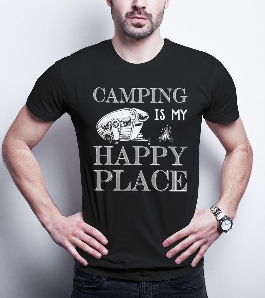 Camping Is My Happy Place With RV And Campfire Scene T-Shirt