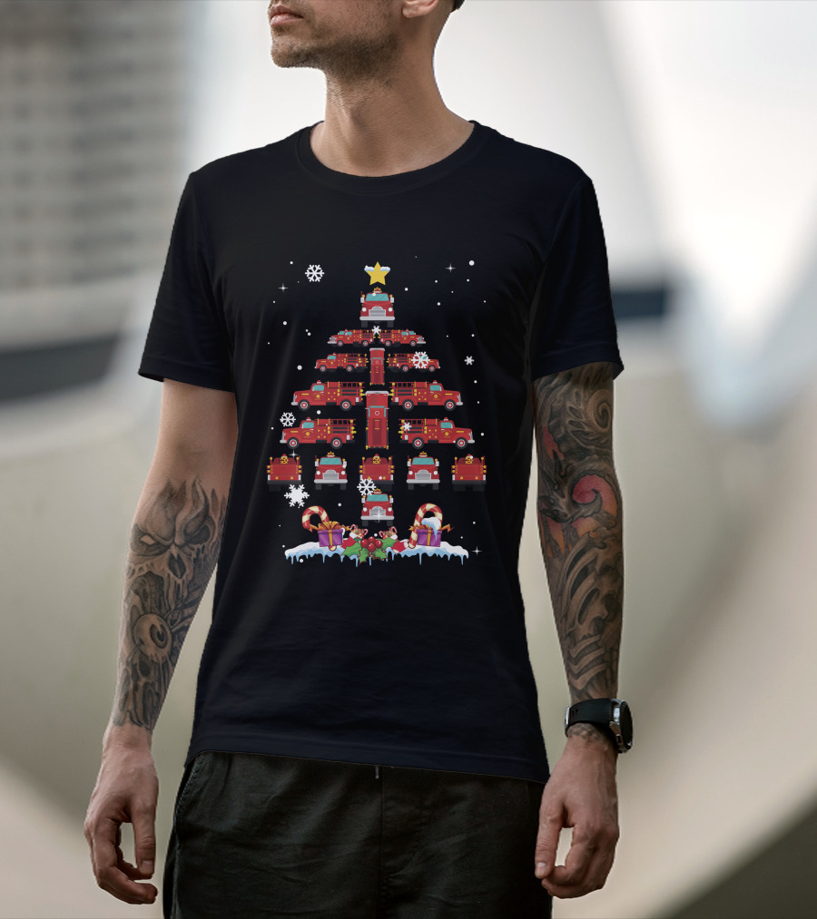 Firefighter Truck Christmas Tree With Snowflakes And Presents T-Shirt