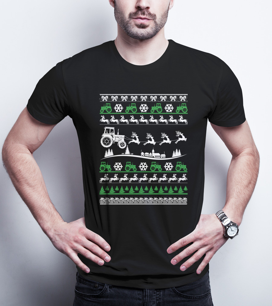 Funny Christmas Farmer Tractor Reindeer Snowflakes Trees T-Shirt
