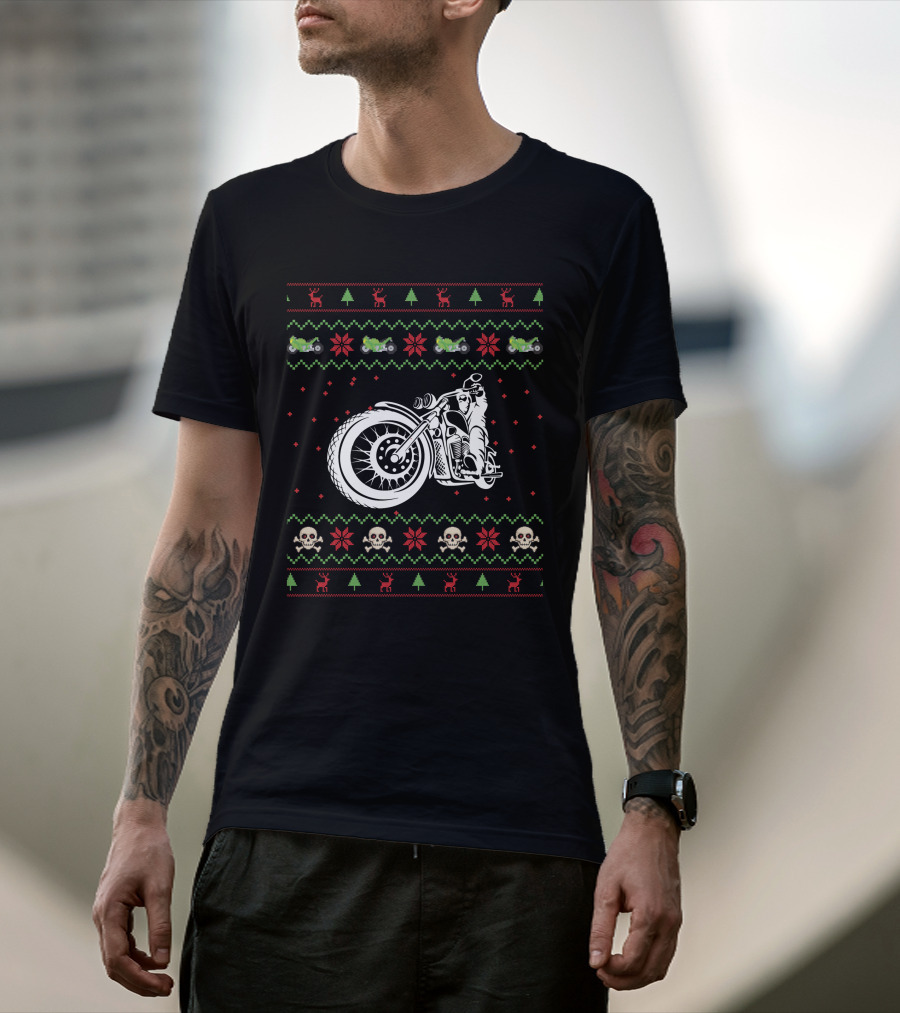 Motorbike Ugly Christmas Sweater Skulls And Reindeer T-Shirt