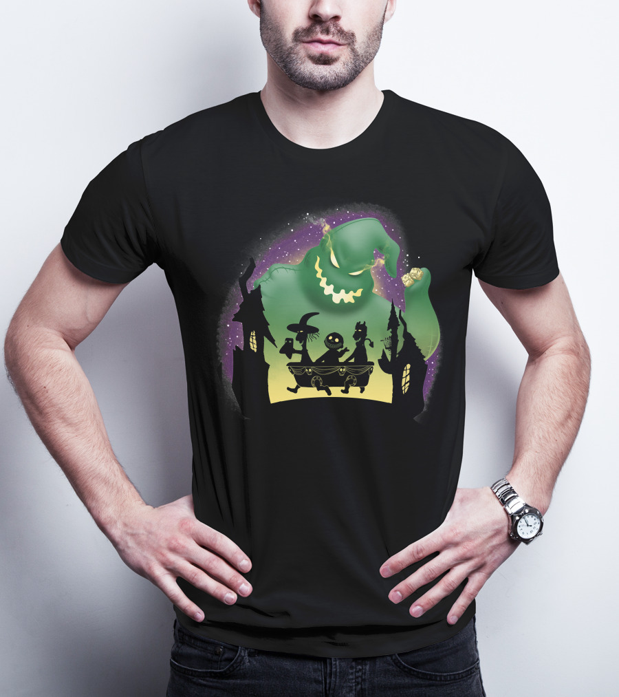 Boogie Lock Shock And Barrel Silhouette Against Green Monster And Haunted House Background T-Shirt