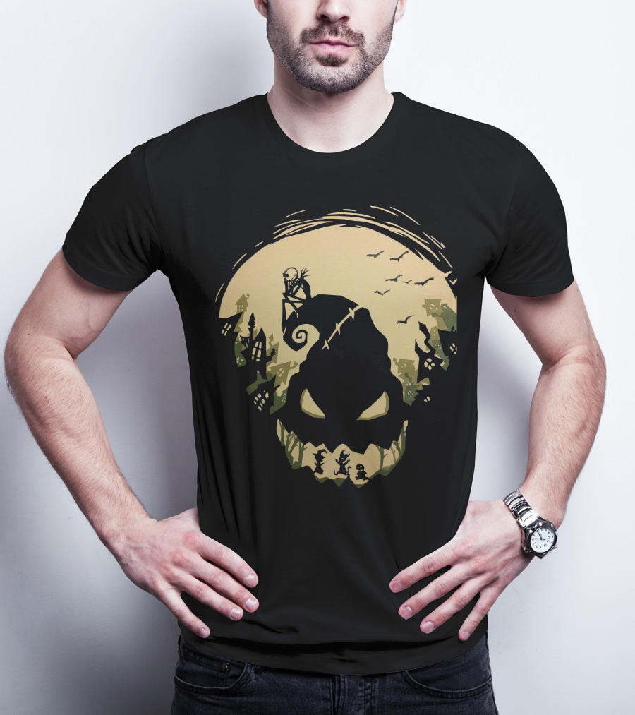 Jack Skellington Sitting On Curved Hilltop Over Oogie Boogie With Walking Figures And Bats In Spooky Moonlit Landscape T-Shirt