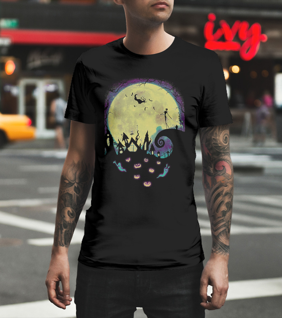 Jack Zero Moonlit Halloween Scene With Ghostly Pumpkins T-Shirt