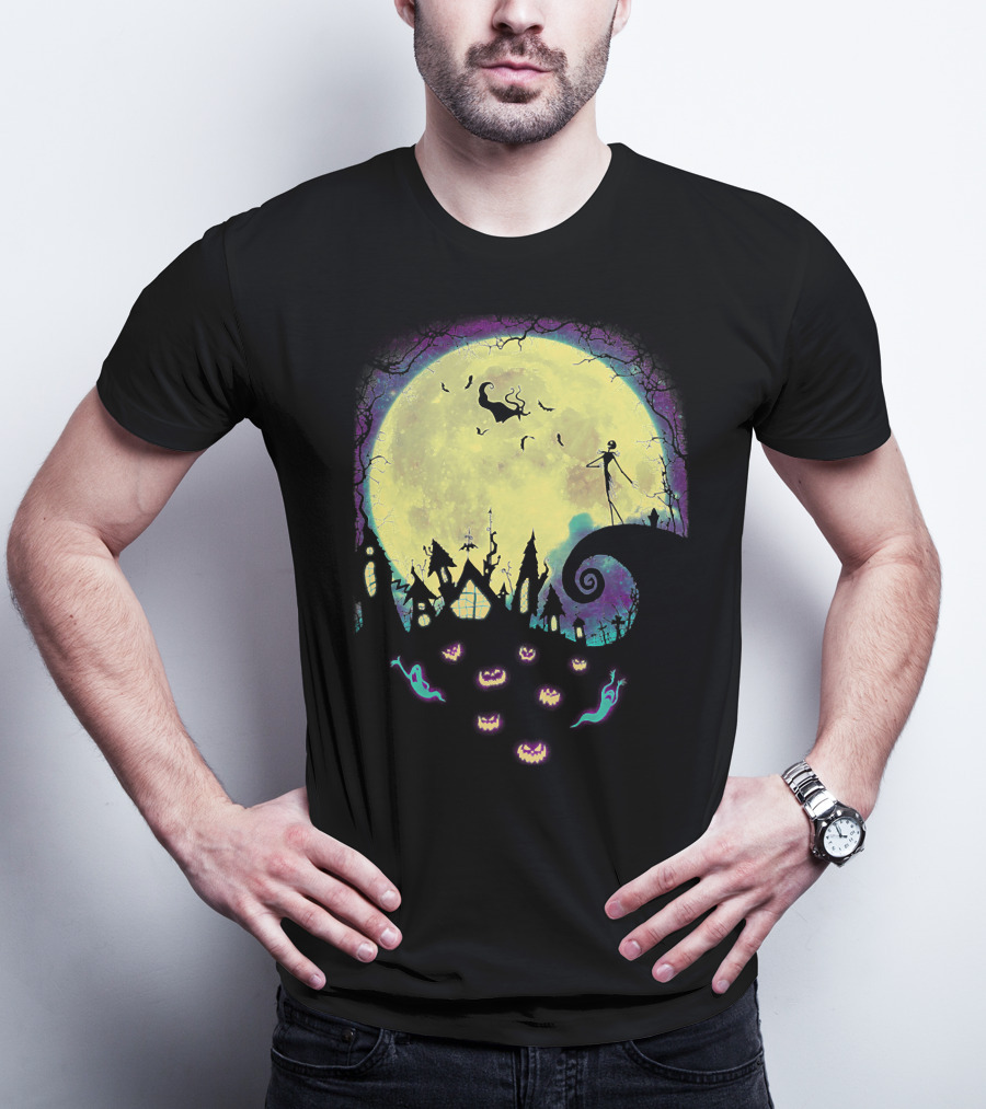 Jack Zero Moonlit Halloween Scene With Ghostly Pumpkins T-Shirt