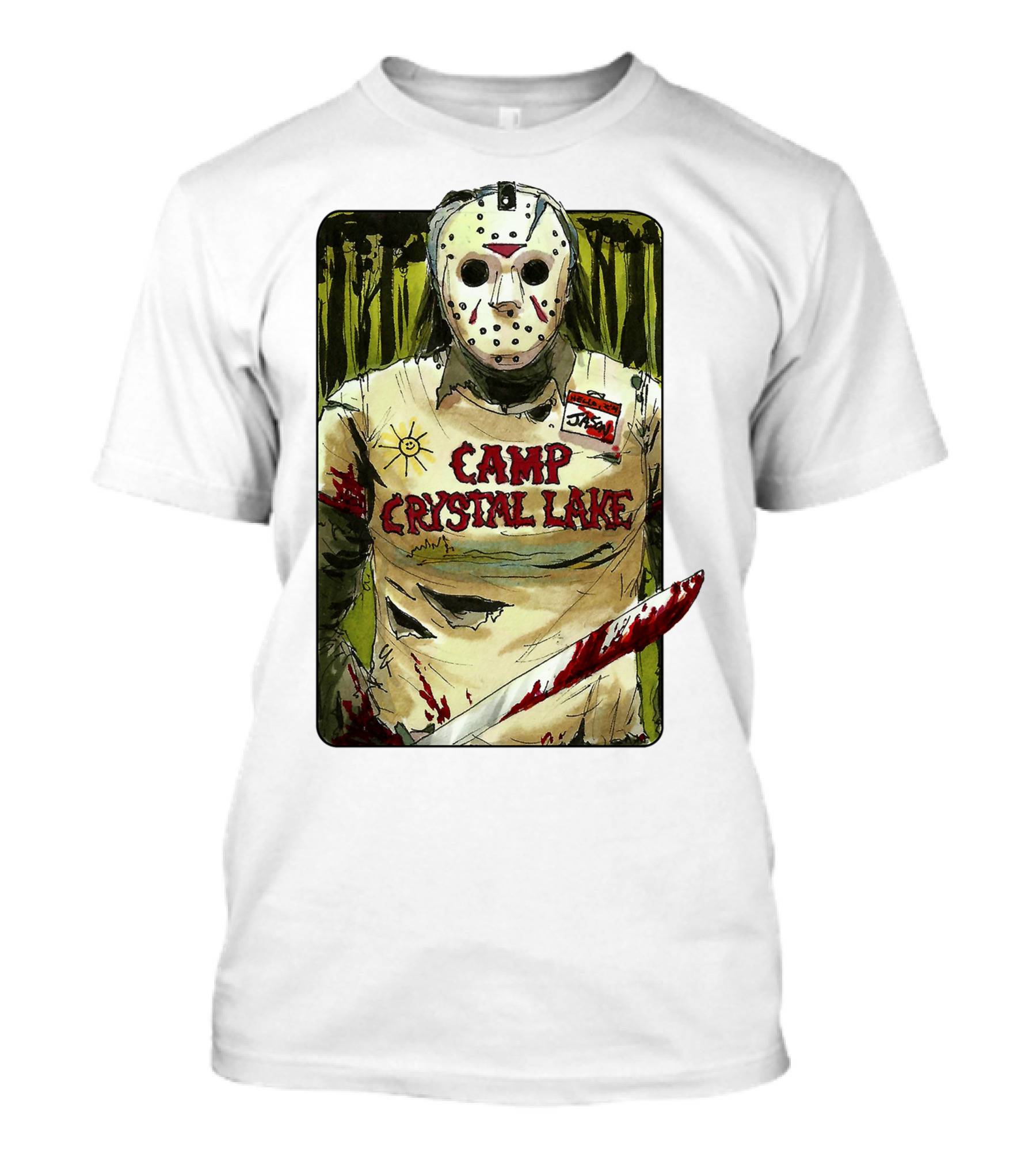 Jason Camp Crystal Lake Horror Mask Blood Stained Machete T-Shirt