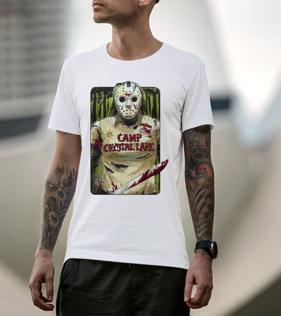 Jason Camp Crystal Lake Horror Mask Blood Stained Machete T-Shirt
