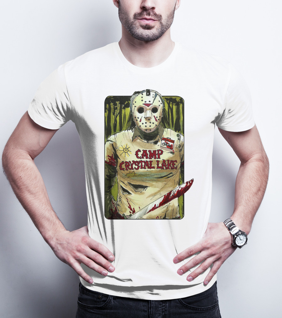 Jason Camp Crystal Lake Horror Mask Blood Stained Machete T-Shirt