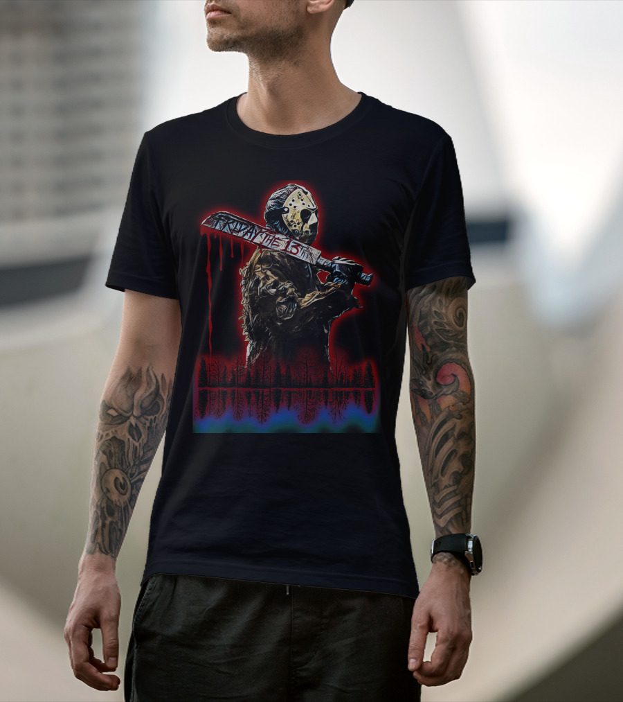 Friday The 13th Jason Mask Machete Forest Reflection T-Shirt