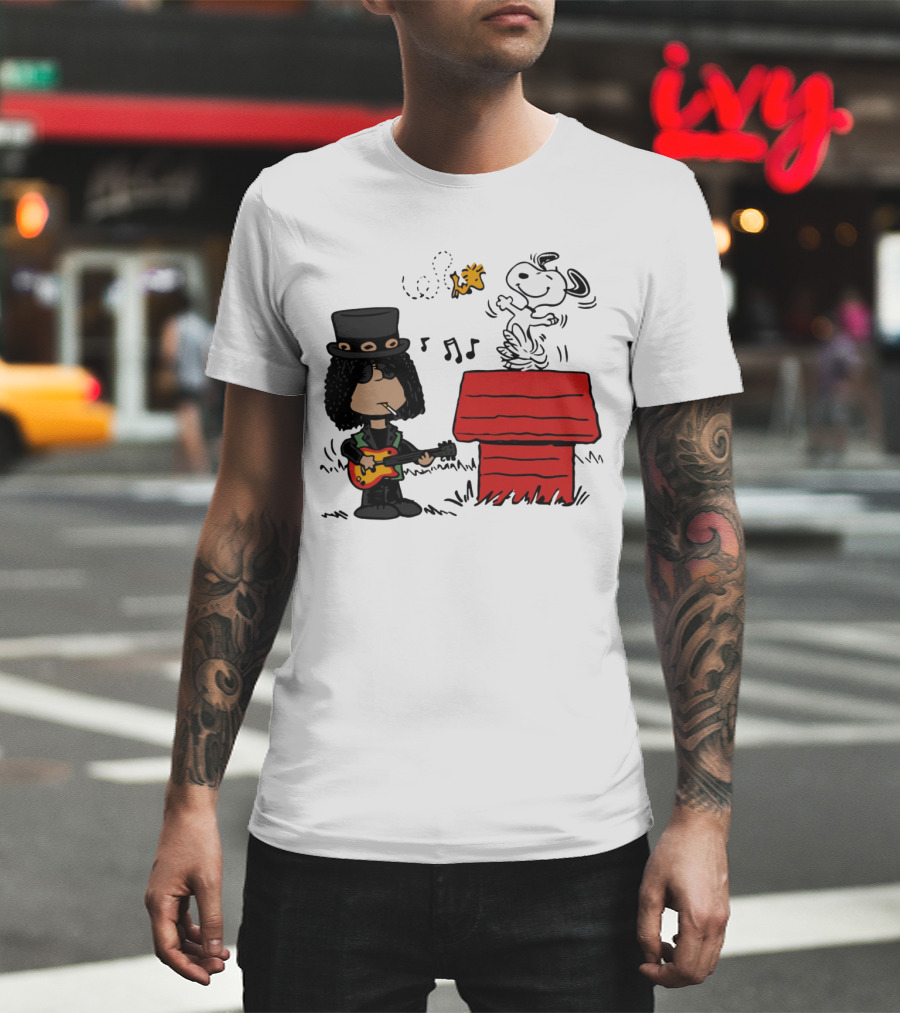 Slash Style Guitarist With Snoopy And Woodstock Playing Music T-Shirt
