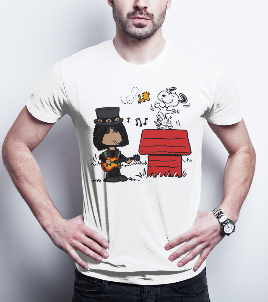 Slash Style Guitarist With Snoopy And Woodstock Playing Music T-Shirt