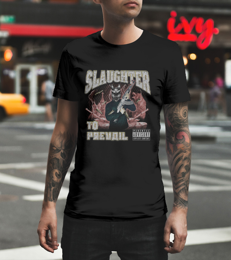 Slaughter To Prevail Explicit Content Masked Figure With Gun And Bullets T-Shirt