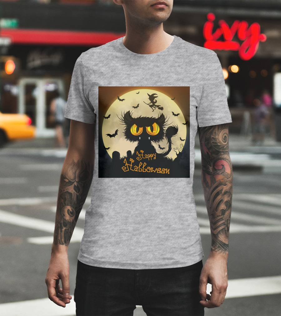 Starry Halloween Cat With Witch And Bats T-Shirt