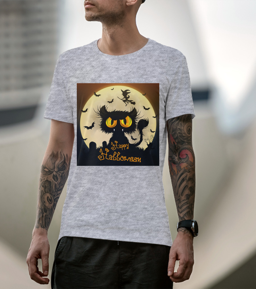 Starry Halloween Cat With Witch And Bats T-Shirt