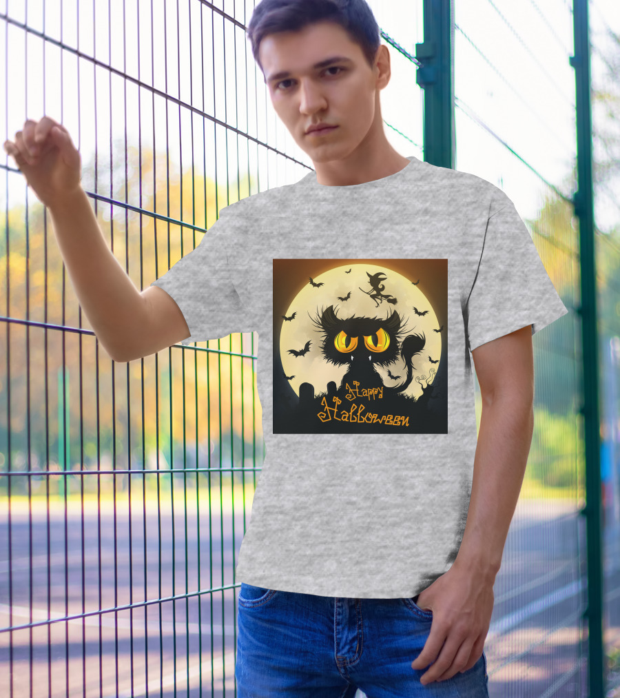 Starry Halloween Cat With Witch And Bats T-Shirt