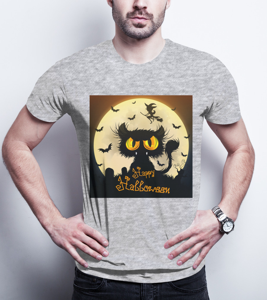 Starry Halloween Cat With Witch And Bats T-Shirt