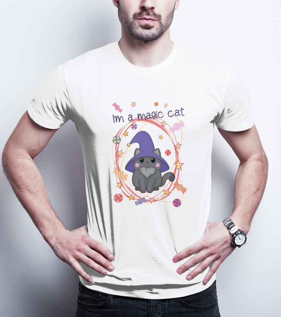 I'm A Magic Cat Wizard Hat Candy Stars T-Shirt