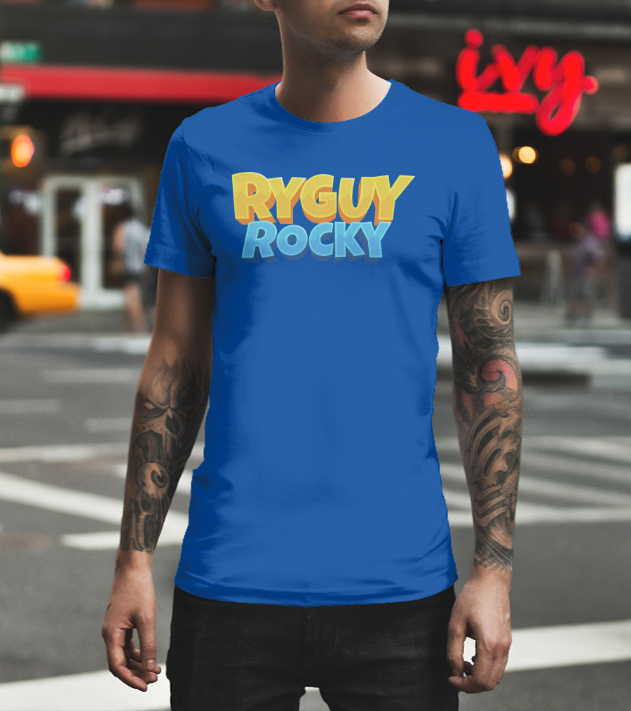 RYGUYROCKY Bold Text Logo Blue Background T-Shirt