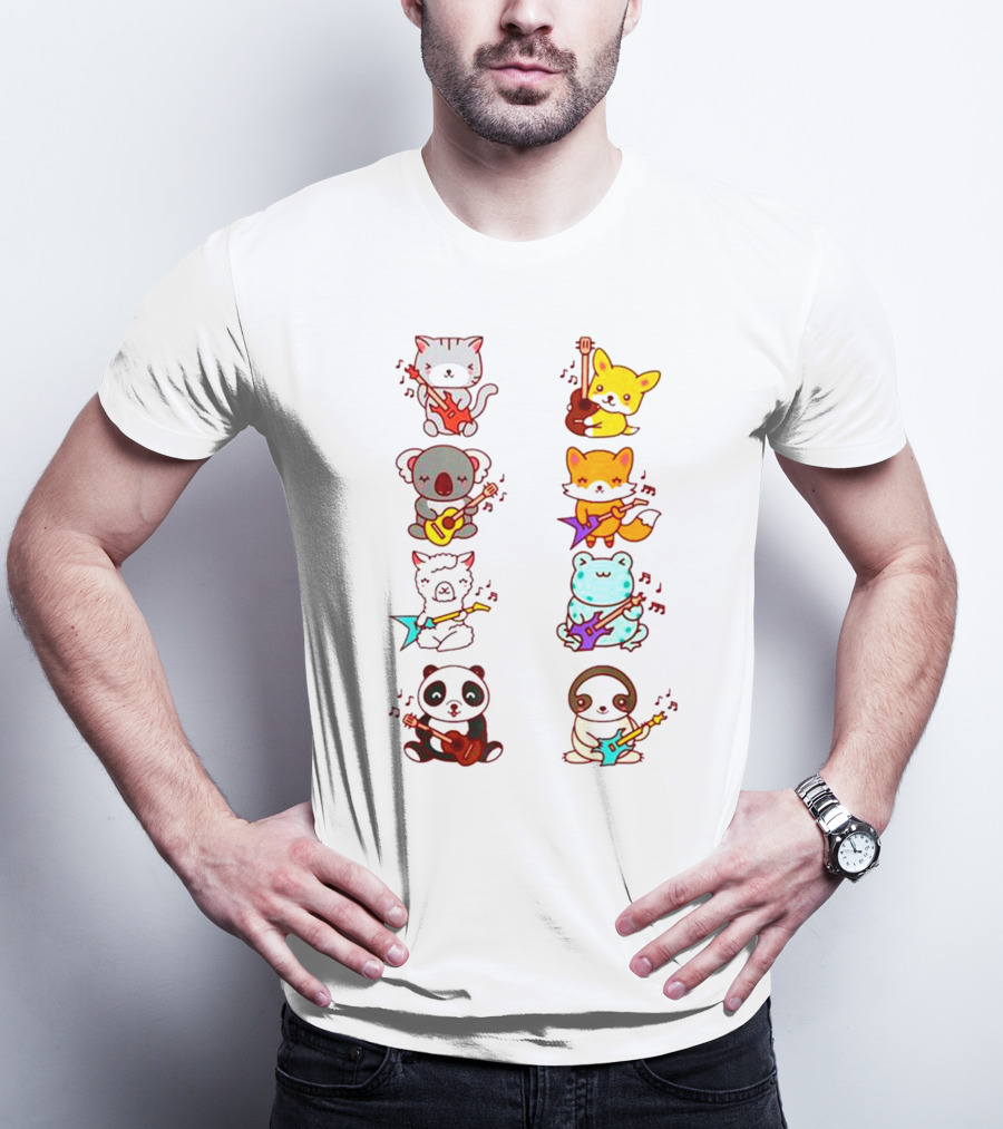 Cat Fox Koala Alpaca Frog Panda Animals Playing Acoustic Electric Guitars Kawaii T-Shirt