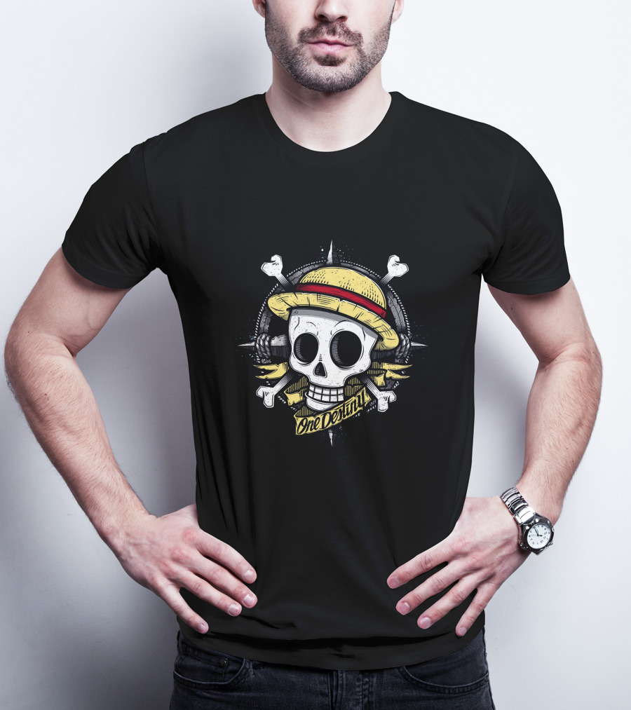 One Destiny Skull Straw Hat Pirate Star Compass T-Shirt