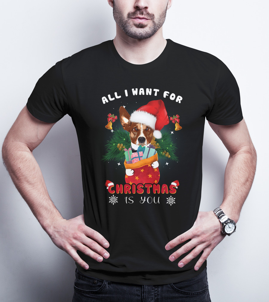 All I Want For Christmas Is You Dog Santa Hat Festive Bells And Gifts T-Shirt