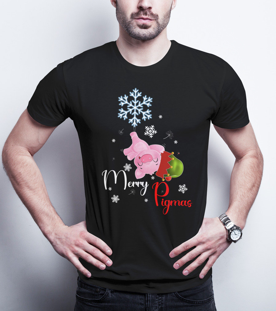 Merry Pigmas Pig Hanging From Snowflake With Santa Hat And Snowflakes T-Shirt