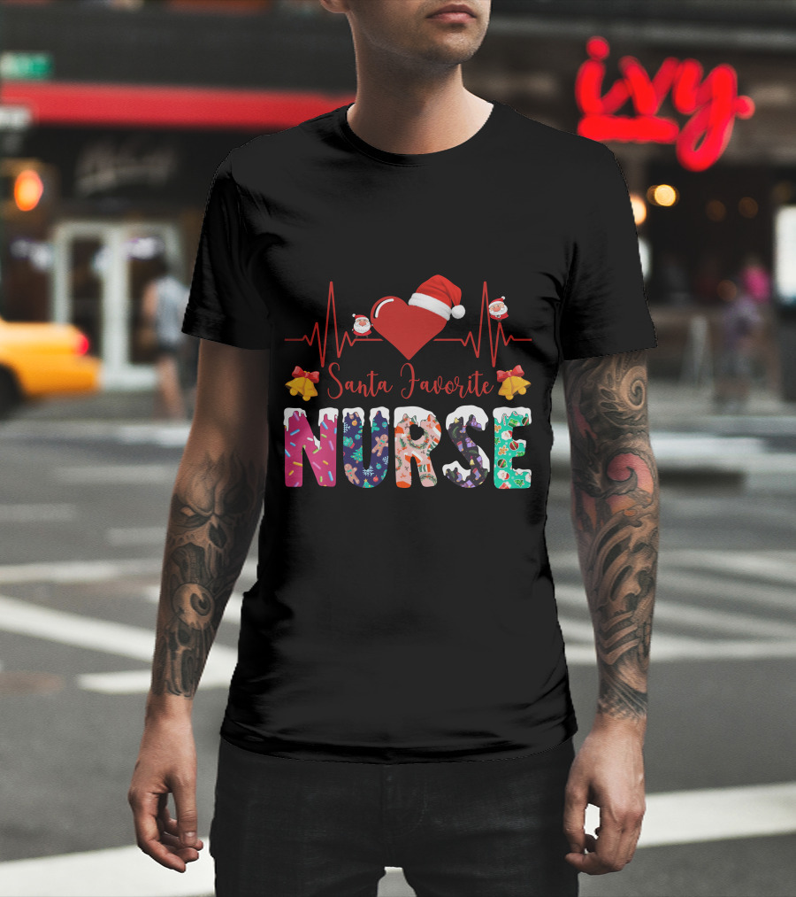 Santa Favorite Nurse Christmas Heartbeat T-Shirt