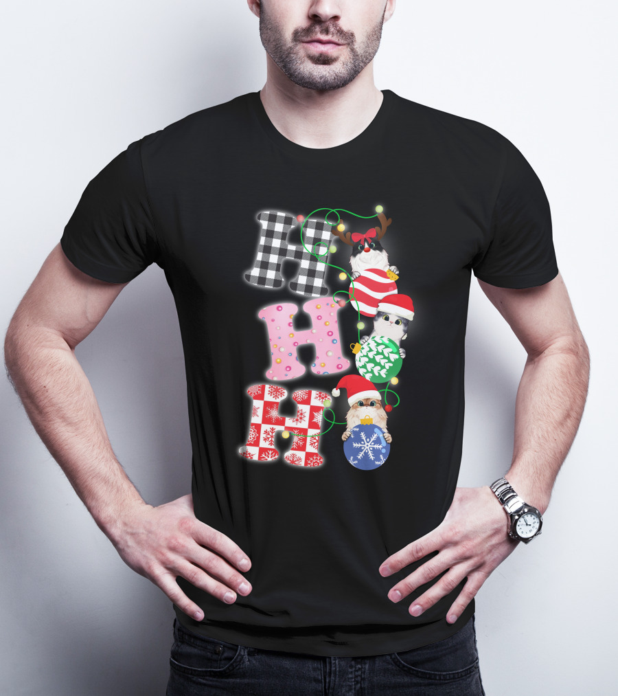 HO HO HO Christmas Cats In Holiday Hats And Ornaments T-Shirt