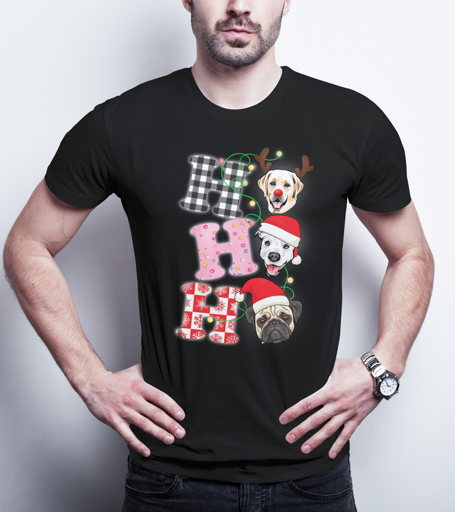 HO HO HO Christmas Dogs With Santa Hats And Reindeer Antlers T-Shirt