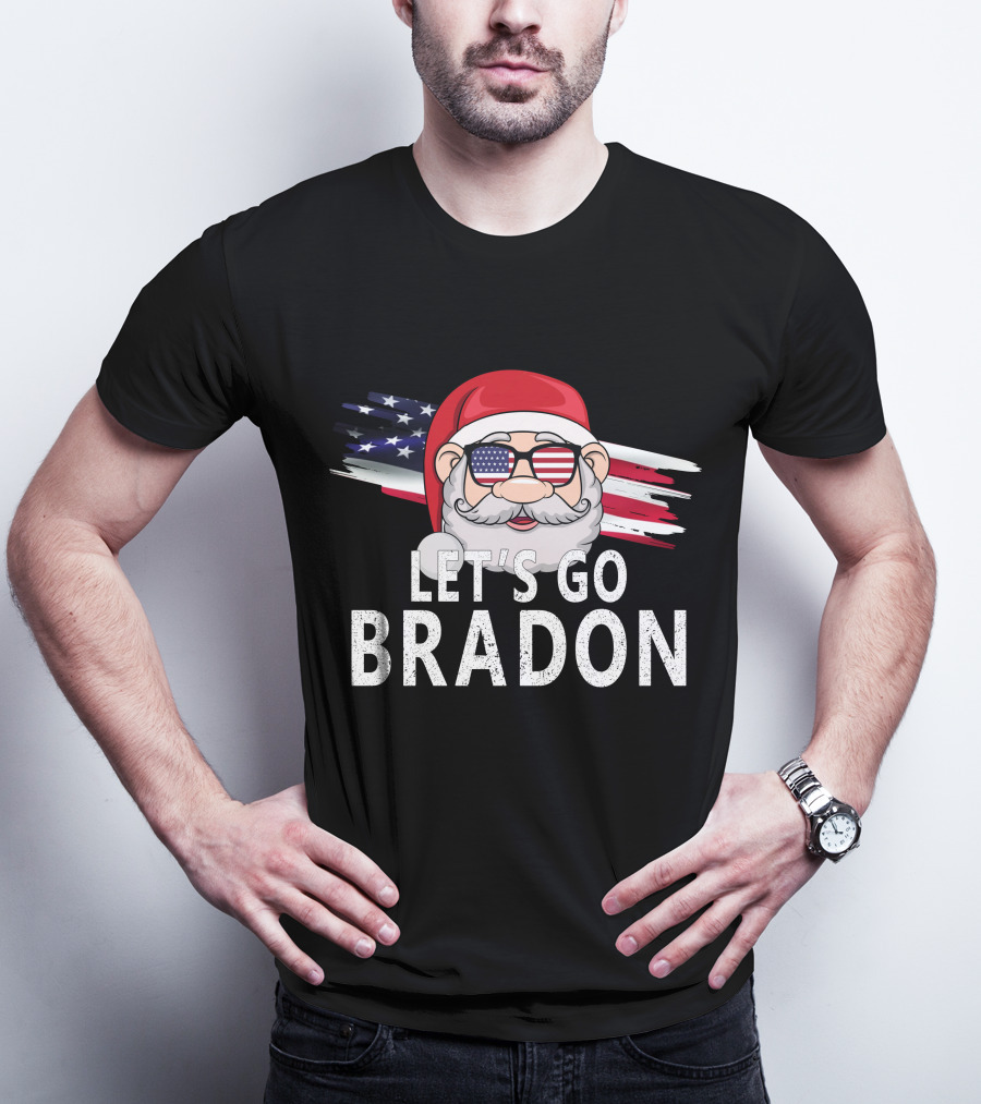LET'S GO BRADON Christmas Santa USA Flag Glasses T-Shirt