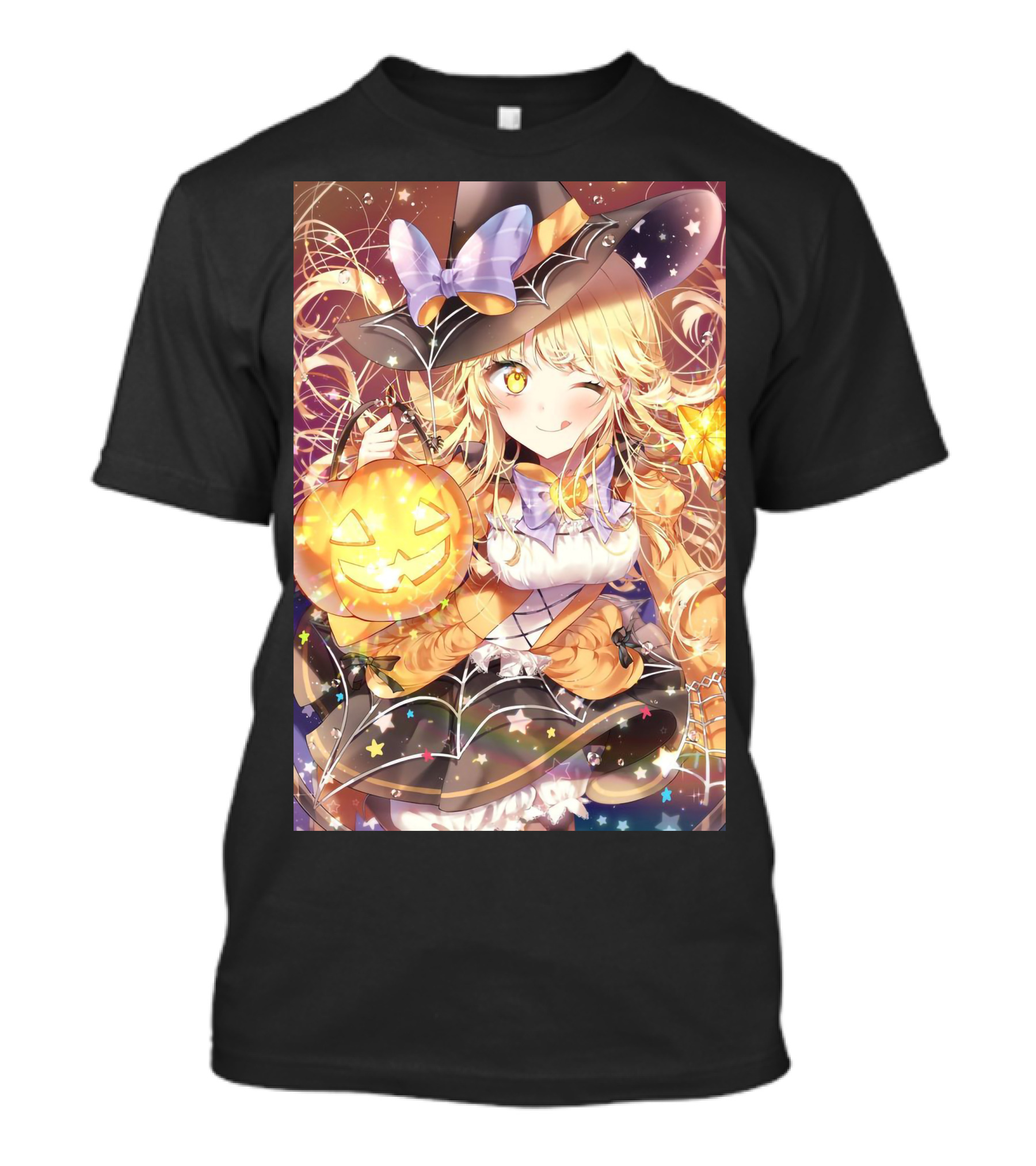 Anime Halloween Witch Girl With Pumpkin Lantern And Stars T-Shirt