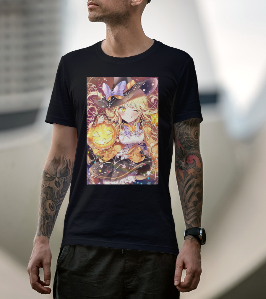 Anime Halloween Witch Girl With Pumpkin Lantern And Stars T-Shirt