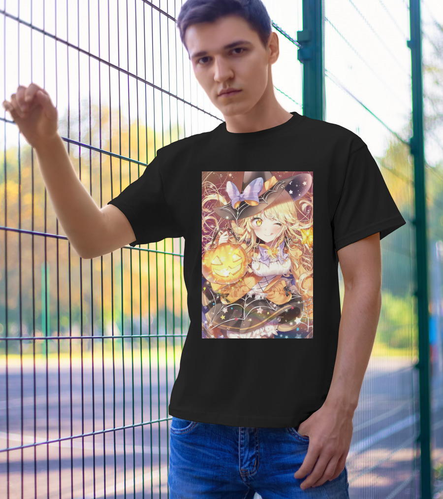 Anime Halloween Witch Girl With Pumpkin Lantern And Stars T-Shirt
