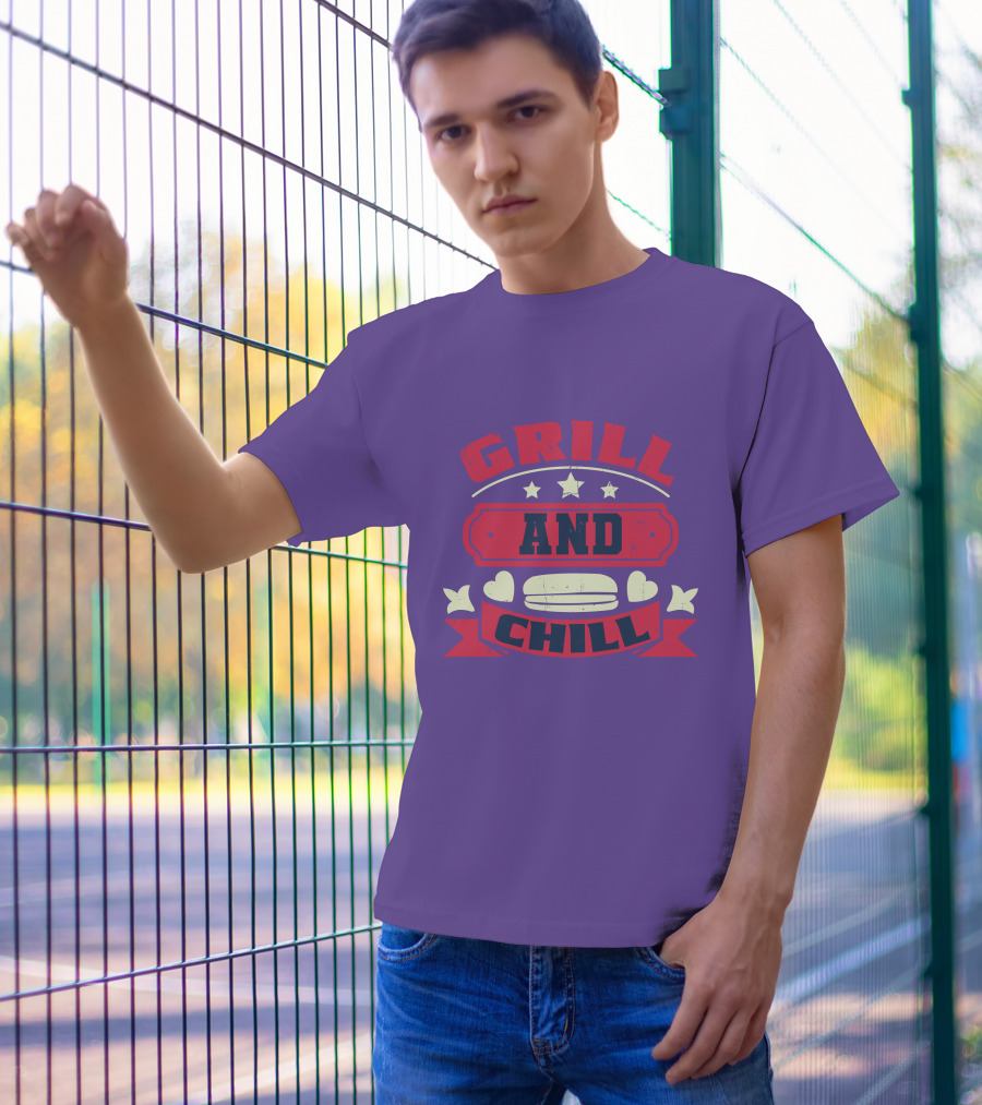 GRILL AND CHILL Stars And Hearts BBQ Burger Banner T-Shirt
