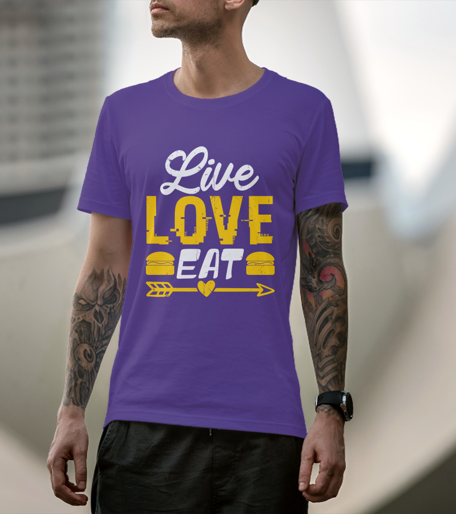Live Love Eat With Burgers And Heart Arrow On Red T-Shirt