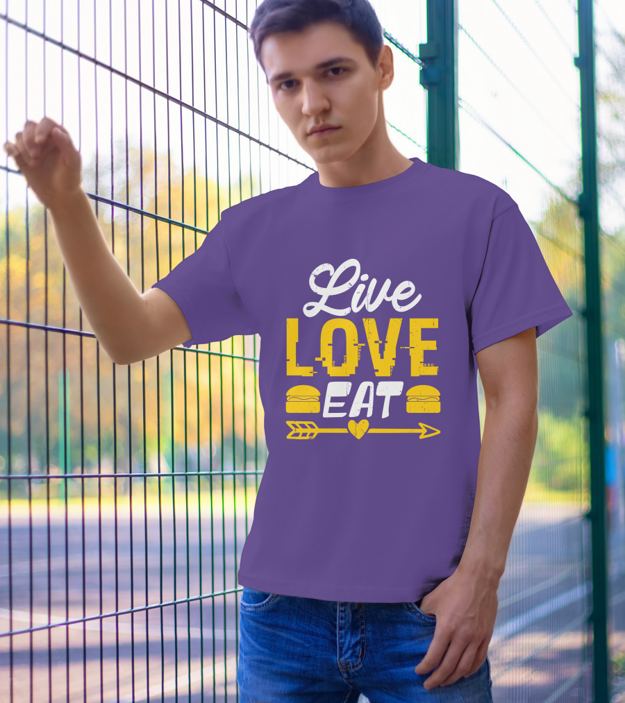 Live Love Eat With Burgers And Heart Arrow On Red T-Shirt