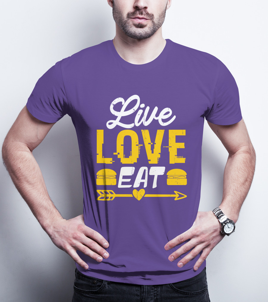 Live Love Eat With Burgers And Heart Arrow On Red T-Shirt