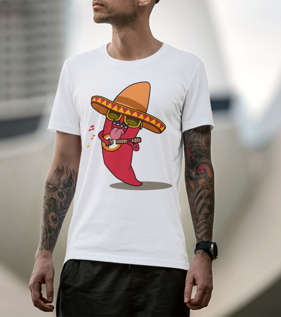 Mexican Chili Pepper Playing Guitar In Sombrero T-Shirt