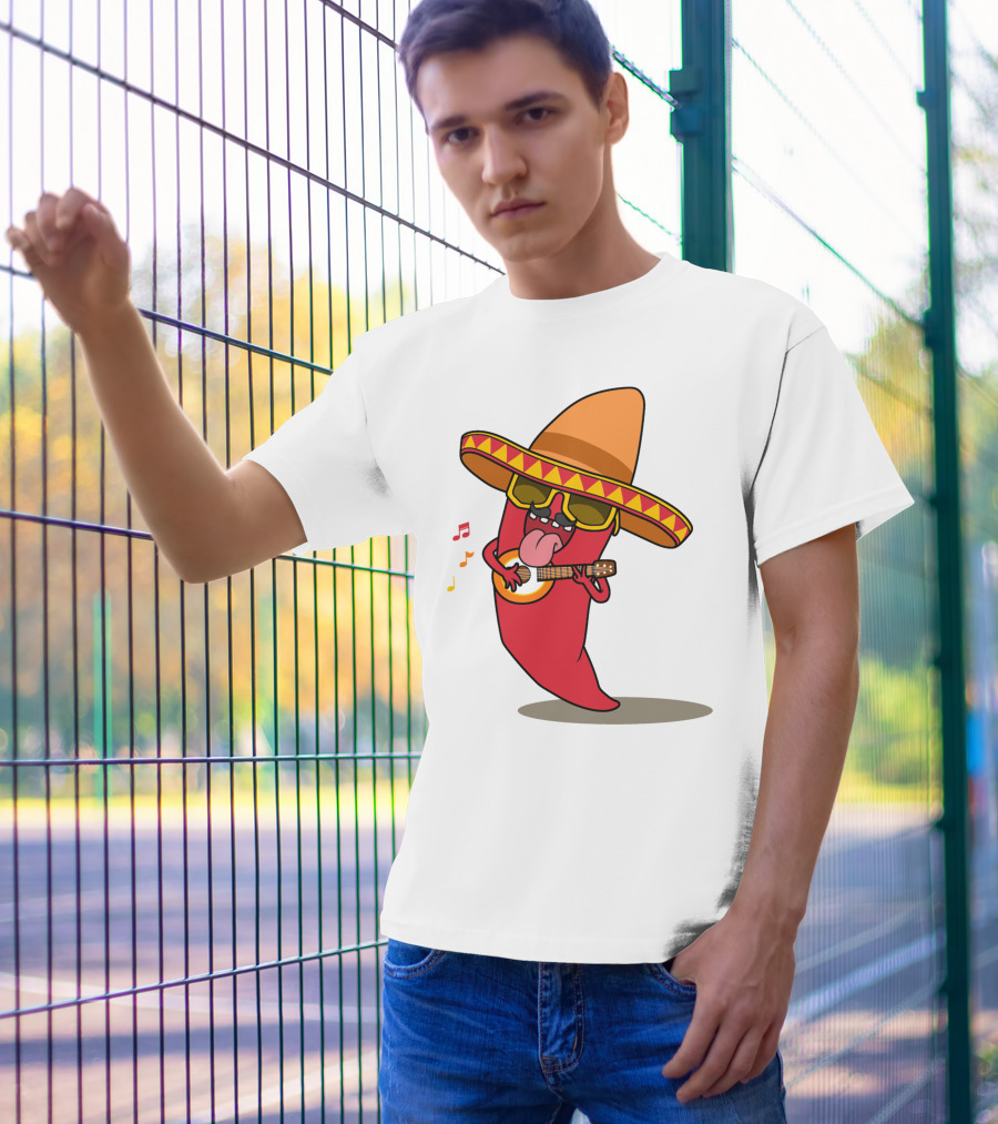 Mexican Chili Pepper Playing Guitar In Sombrero T-Shirt