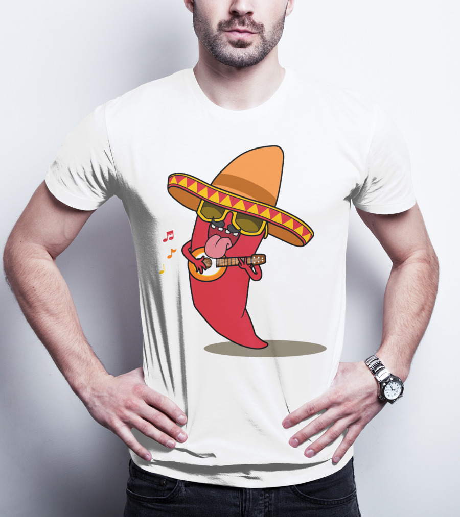 Mexican Chili Pepper Playing Guitar In Sombrero T-Shirt