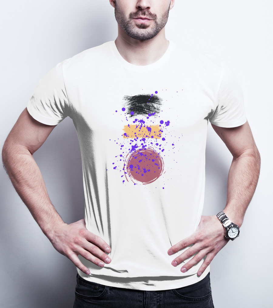 Painting Freestyle Black Yellow Purple Splatter Circle T-Shirt